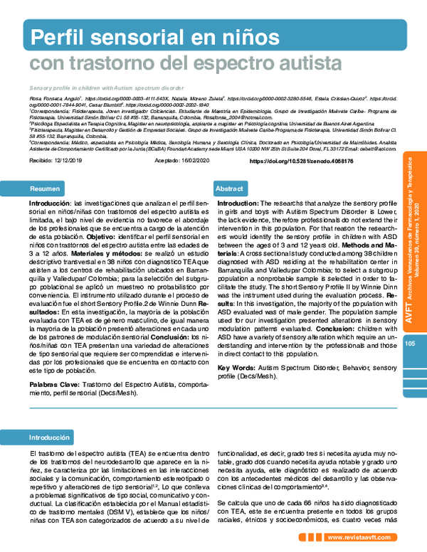 (PDF) Perfil sensorial en niños con trastorno del espectro autista