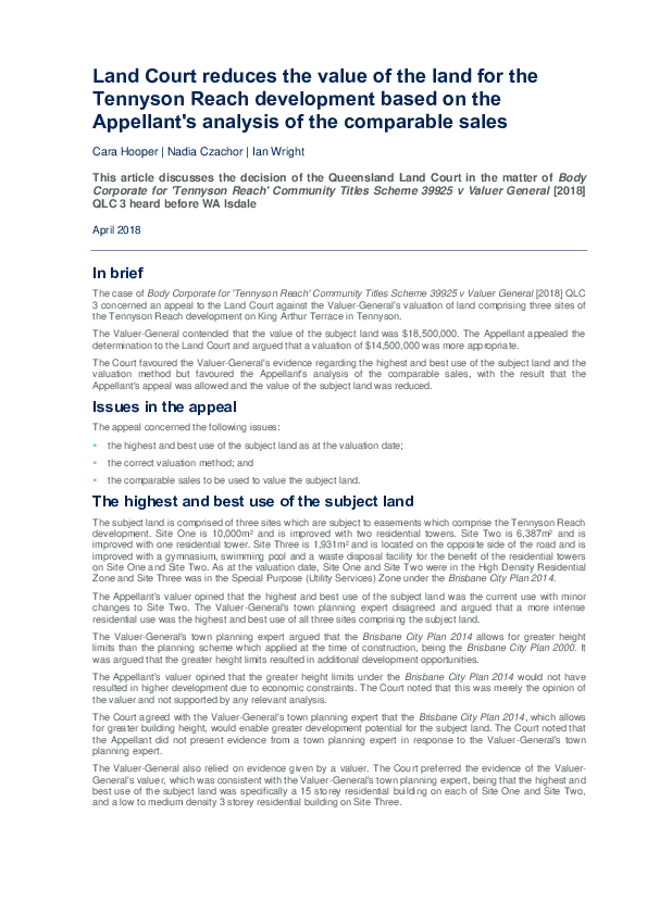 (PDF) Land Court reduces the value of the land for the Tennyson Reach ...