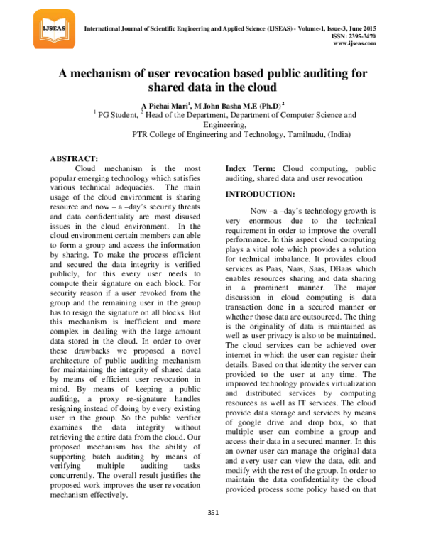 (PDF) A mechanism of user revocation based public auditing for shared data in the cloud