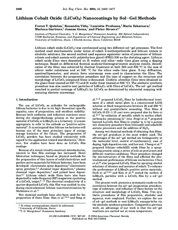 (PDF) Lithium Cobalt Oxide (LiCoO2) Nanocoatings by Sol−Gel Methods
