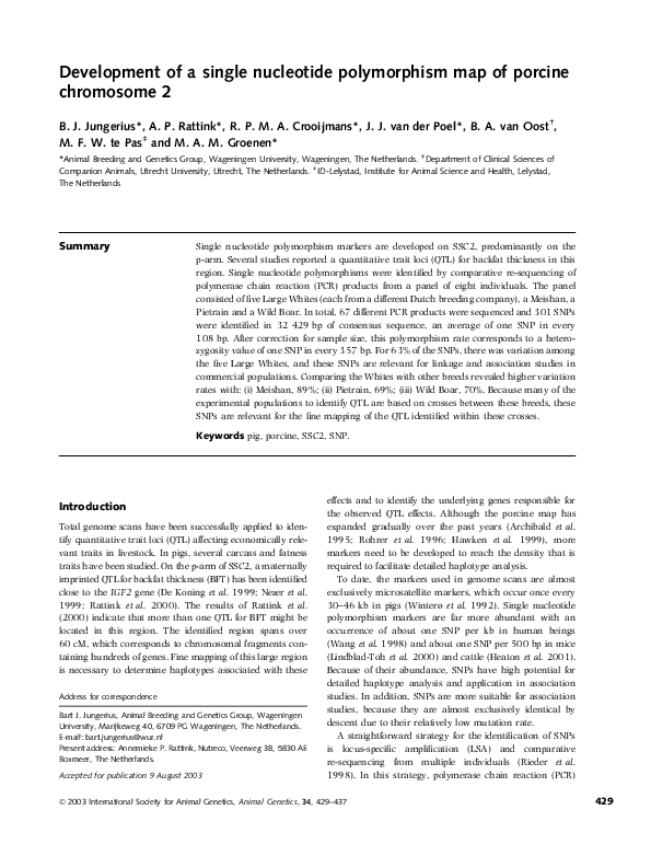 (PDF) Development of a single nucleotide polymorphism map of porcine chromosome 2
