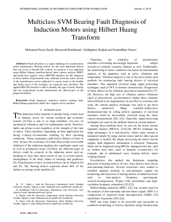 Pdf Multiclass Svm Bearing Fault Diagnosis Of Induction Motors Using Hilbert Huang Transform
