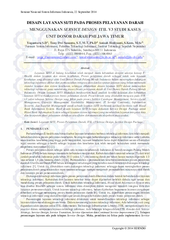 (PDF) Desain Layanan Si/Ti Pada Proses Pelayanan Darah Menggunakan Service Design Itil V3 Studi ...