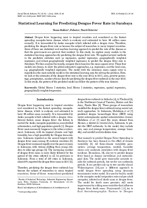 Pdf Statistical Learning For Predicting Dengue Fever Rate In Surabaya
