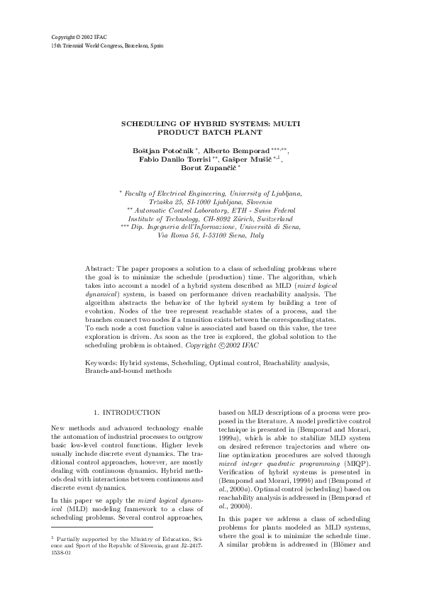 (PDF) Scheduling of hybrid systems: Multi product batch plant | Boštjan Potočnik - Academia.edu
