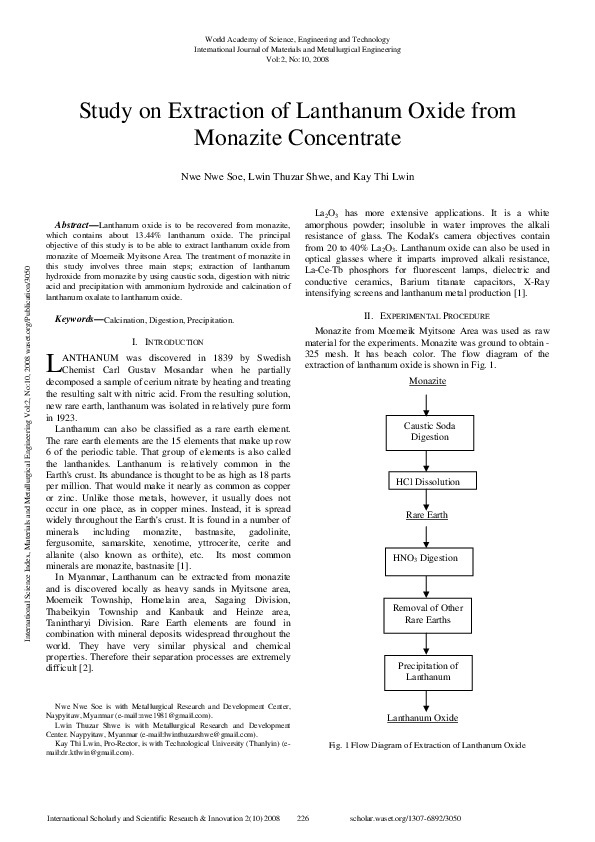 (PDF) Study On Extraction Of Lanthanum Oxide From Monazite Concentrate