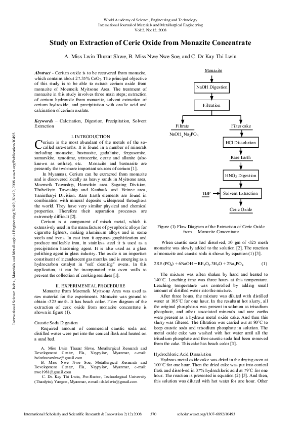(PDF) Study On Extraction Of Ceric Oxide From Monazite Concentrate