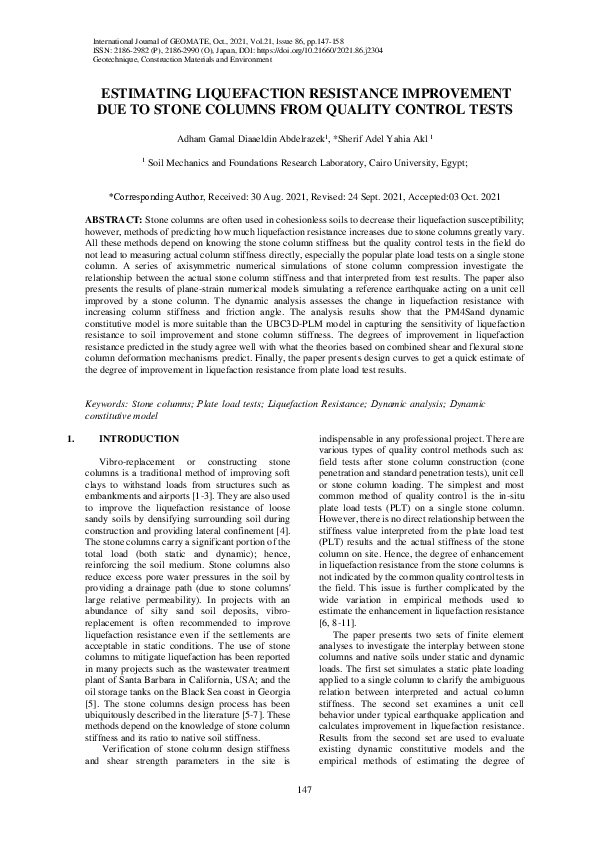 Pdf Estimating Liquefaction Resistance Improvement Due To Stone Columns From Quality Control Tests