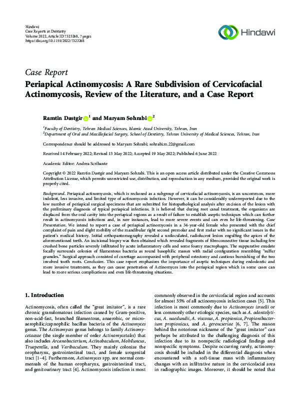 (PDF) Periapical Actinomycosis: A Rare Subdivision of Cervicofacial ...