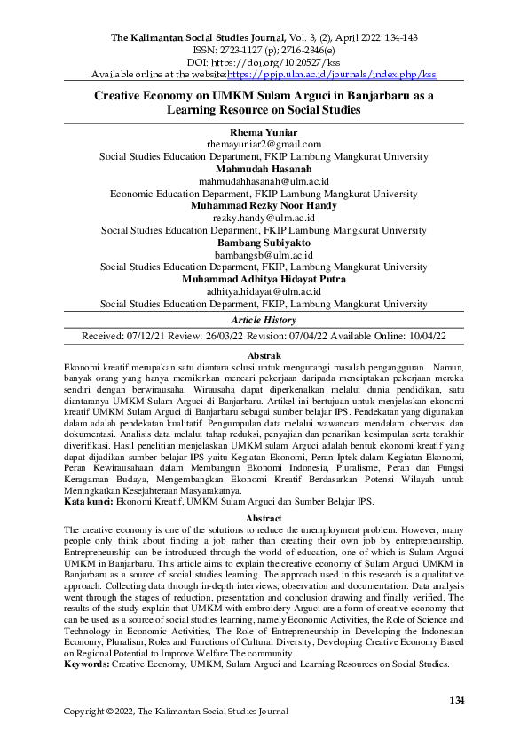(PDF) Creative Economy on UMKM Sulam Arguci in Banjarbaru as a Learning ...