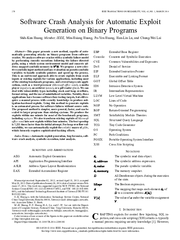 (PDF) Software Crash Analysis for Automatic Exploit Generation on Binary Programs