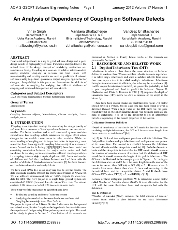 (PDF) An analysis of dependency of coupling on software defects