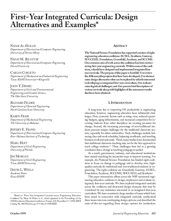 (PDF) First-Year Integrated Curricula: Design Alternatives and Examples*