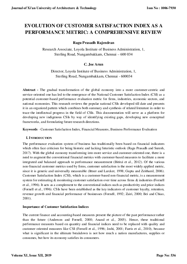 (PDF) Evolution of Customer Satisfaction Index as a Performance Metric ...