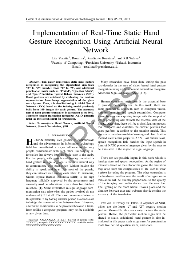 Pdf Implementation Of Real Time Static Hand Gesture Recognition Using