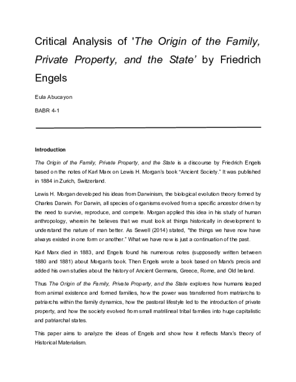(DOC) Critical Analysis of 'The Origin of the Family, Private Property ...