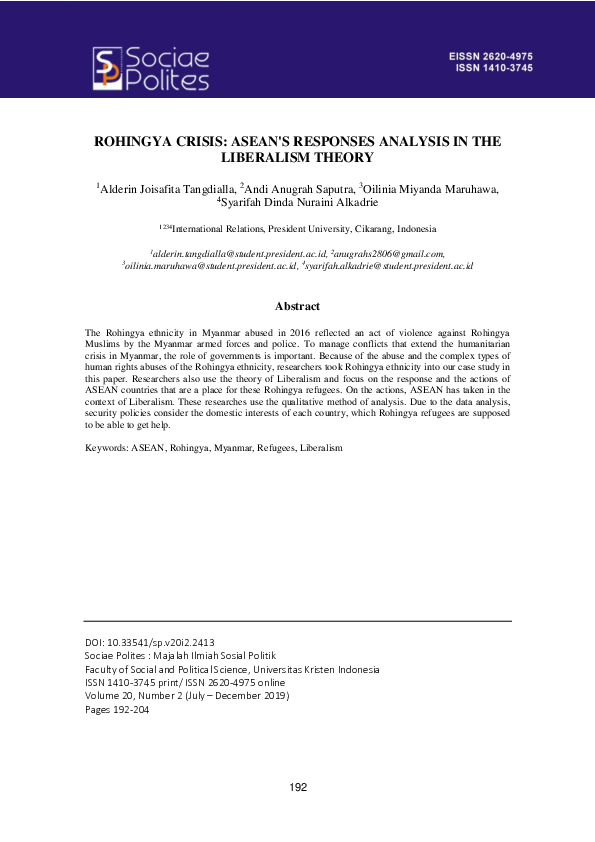 (PDF) ROHINGYA CRISIS: ASEAN's RESPONSES ANALYSIS IN THE LIBERALISM THEORY