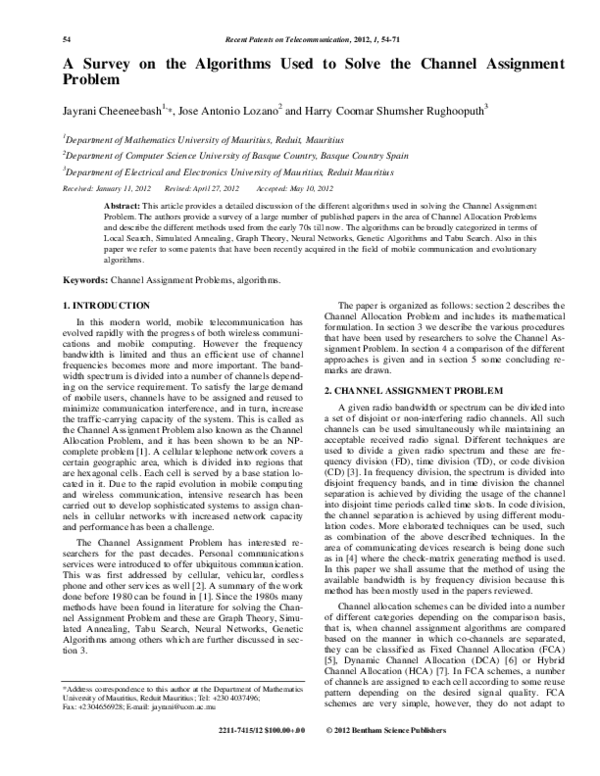 (PDF) A Survey on the Algorithms Used to Solve the Channel Assignment Problem | Jayrani ...
