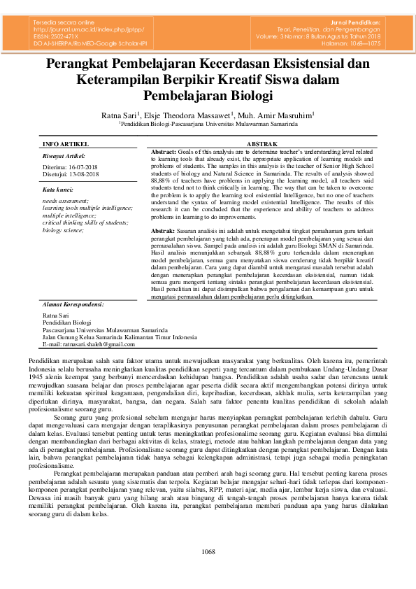 (PDF) Perangkat Pembelajaran Kecerdasan Eksistensial dan Keterampilan Berpikir Kreatif Siswa ...