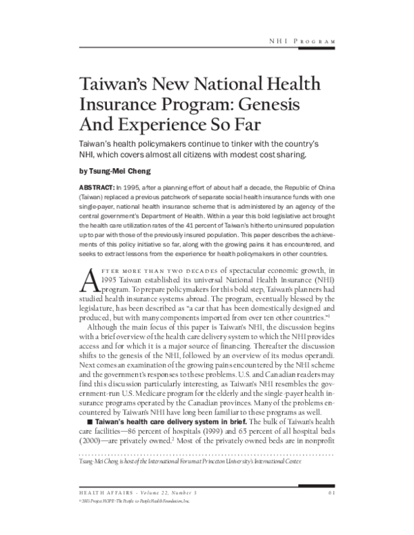 (PDF) Taiwan’s New National Health Insurance Program: Genesis And ...
