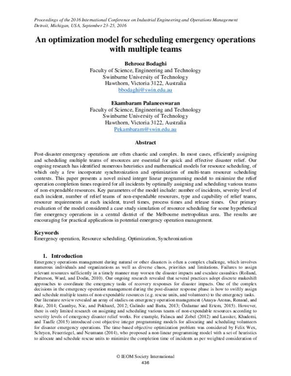 Pdf An Optimization Model For Scheduling Emergency Operations With
