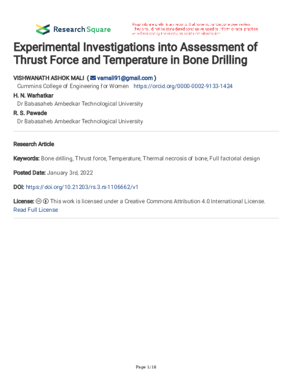 Pdf Experimental Investigations Into Assessment Of Thrust Force And Temperature In Bone Drilling
