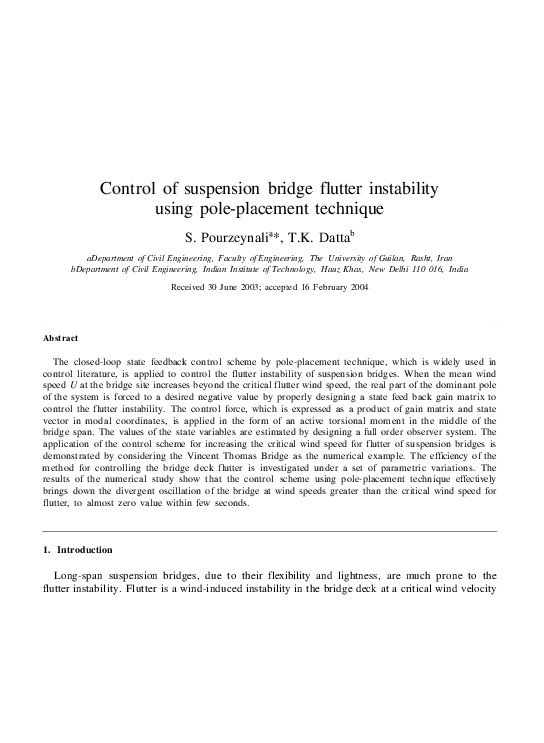 (PDF) Control of suspension bridge flutter instability using pole-placement technique