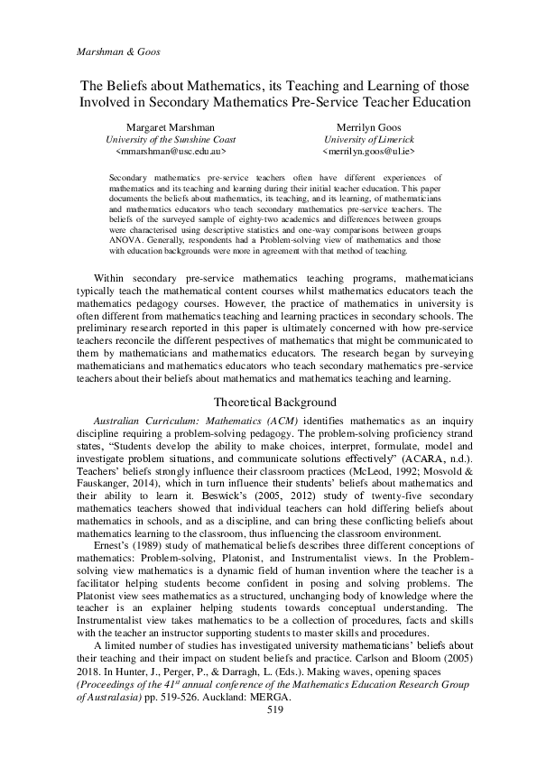 The Beliefs about Mathematics, Its Teaching and Learning of Those ...