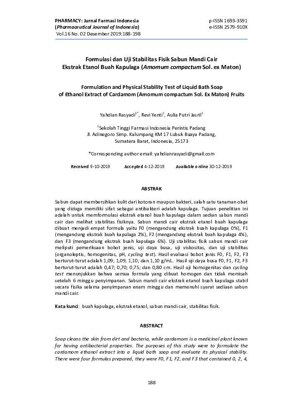 (PDF) Formulasi dan Uji Stabilitas Fisik Sabun Mandi Cair Ekstrak Etanol Buah Kapulaga (Amomum ...