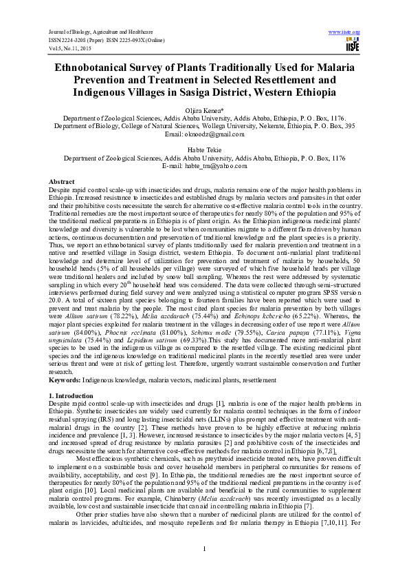 (PDF) Ethnobotanical Survey of Plants Traditionally Used for Malaria Prevention and Treatment in ...