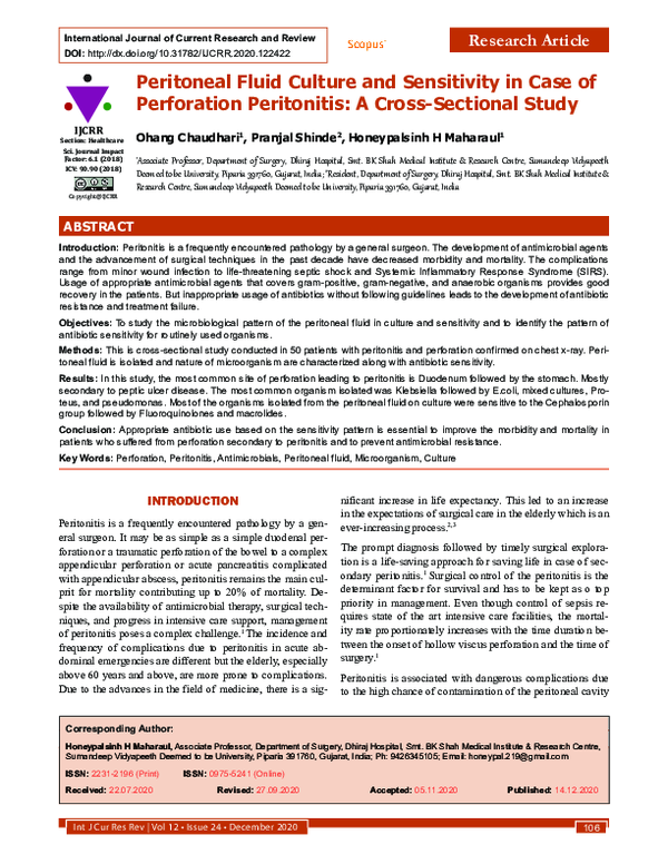 (PDF) Peritoneal Fluid Culture and Sensitivity in Case of Perforation Peritonitis: A Cross ...