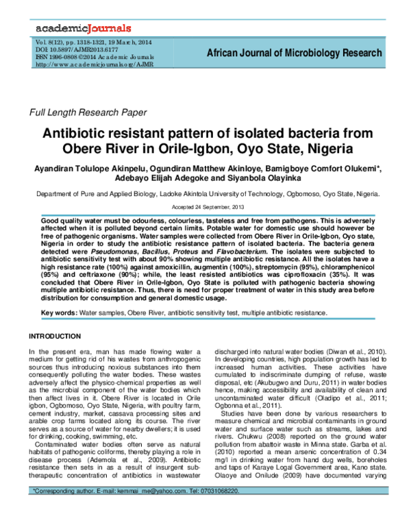 (PDF) antibiotic resistant pattern of isolated bacteria from Obere river in Orile-Igbon, Oyo ...