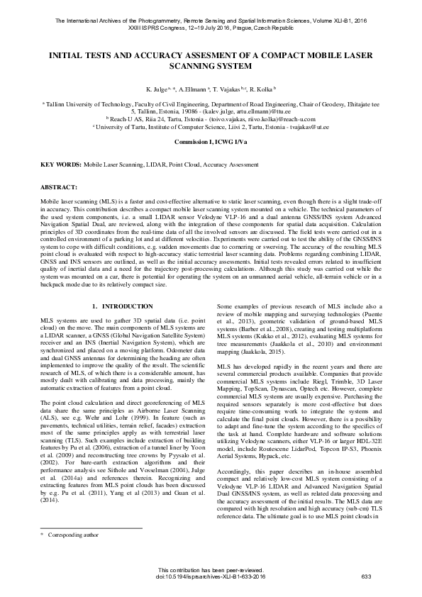 Pdf Initial Tests And Accuracy Assesment Of A Compact Mobile Laser Scanning System