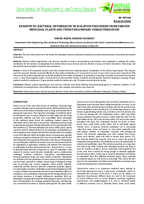 Pdf Endophytic Bacteria Optimizaton Of Isolation Procedure From