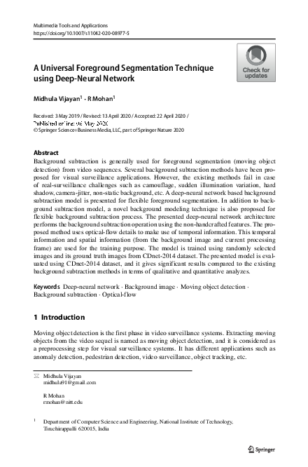 (PDF) A Universal Foreground Segmentation Technique using Deep-Neural Network | midhula vijayan ...