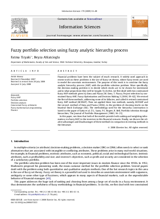 Pdf Fuzzy Portfolio Selection Using Fuzzy Analytic Hierarchy Process