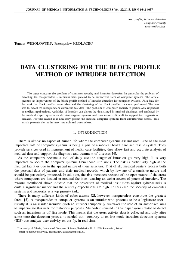 (PDF) Data Clustering for the Block Profile Method of Intruder Detection | Tomasz E Wesołowski ...