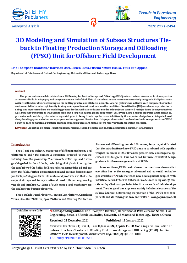 (PDF) 3D Modeling and Simulation of Subsea Structures Tieback to Floating Production Storage and ...