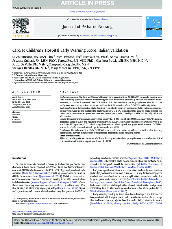 (PDF) Cardiac Children's Hospital Early Warning Score: Italian ...