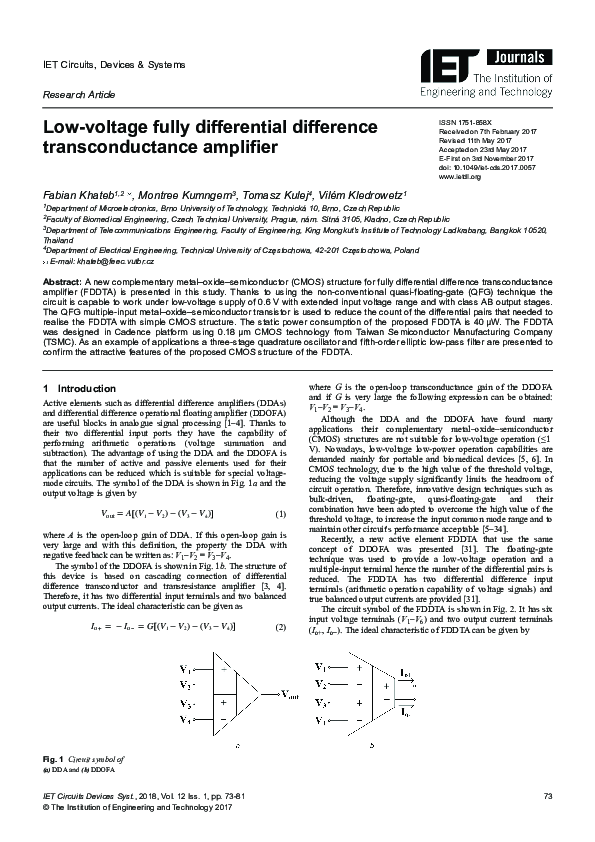 (PDF) Low-voltage Fully Differential Difference Transconductance Amplifier