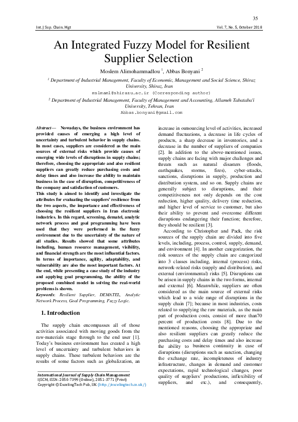 Pdf An Integrated Fuzzy Model For Resilient Supplier Selection