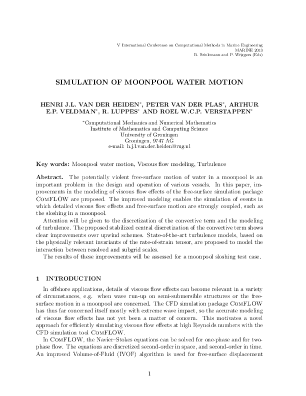 (PDF) Simulation of Moonpool Water Motion | Roel Verstappen - Academia.edu