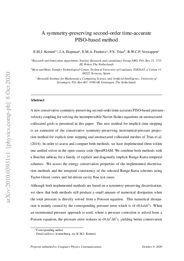 (PDF) A symmetry-preserving second-order time-accurate PISO-based method | Roel Verstappen ...