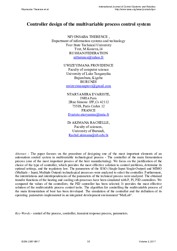 Pdf Controller Design Of The Multivariable Process Control System 7273
