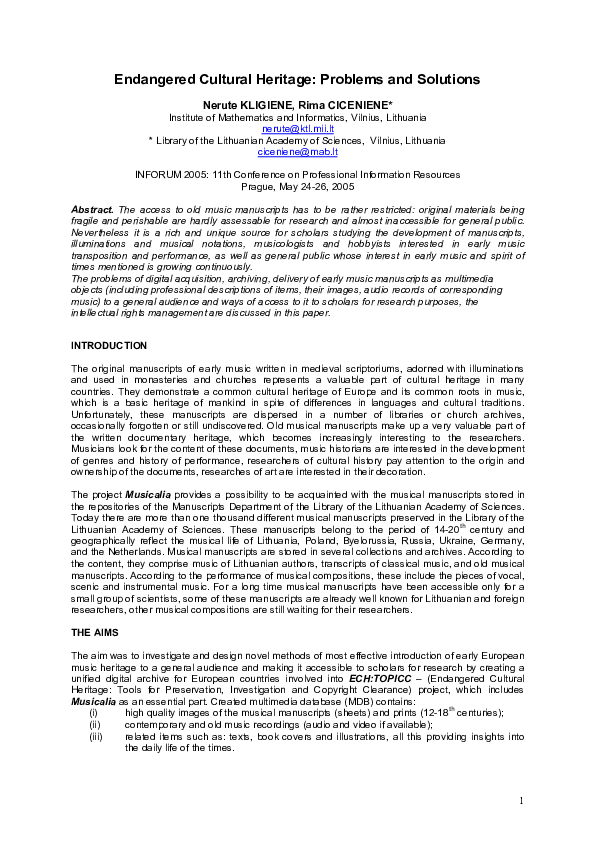 (PDF) Endangered Cultural Heritage: Problems and Solutions