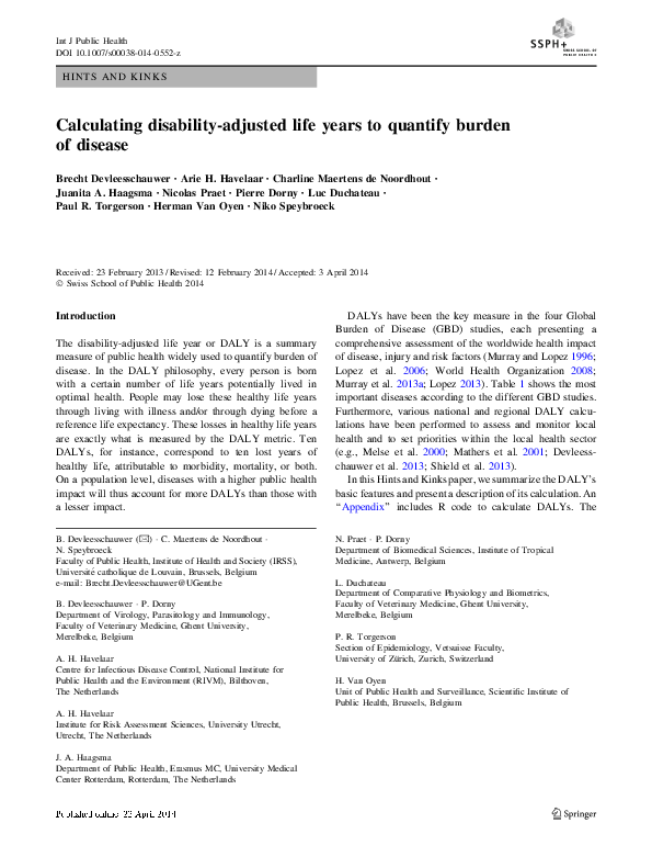 (PDF) Calculating disability-adjusted life years to quantify burden of ...