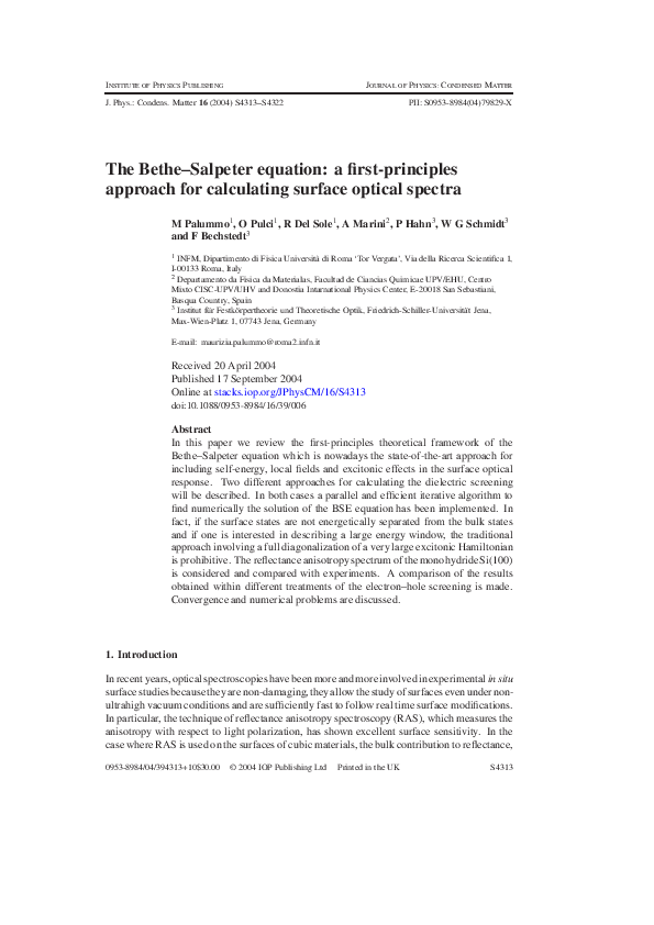 (PDF) The Bethe–Salpeter equation: a first-principles approach for ...