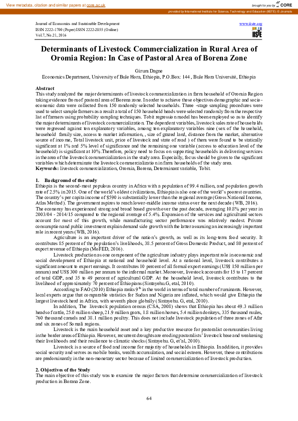 (PDF) Determinants of Livestock Commercialization in Rural Area of ...