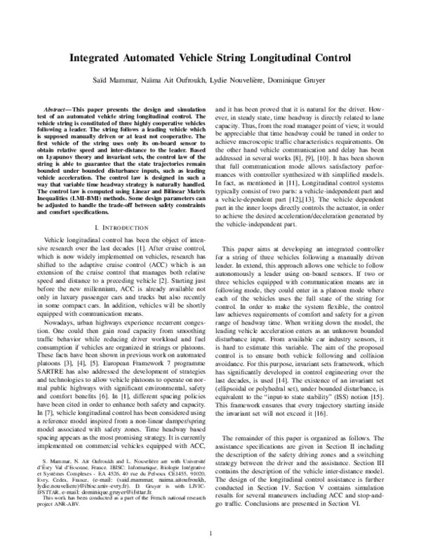 (PDF) Integrated automated vehicle string longitudinal control