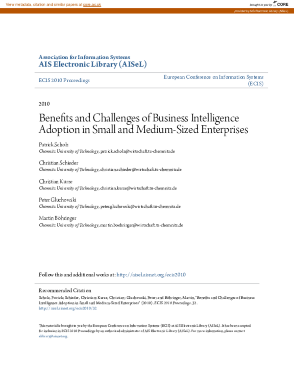 (PDF) Benefits and Challenges of Business Intelligence Adoption in Small and Medium-Sized ...